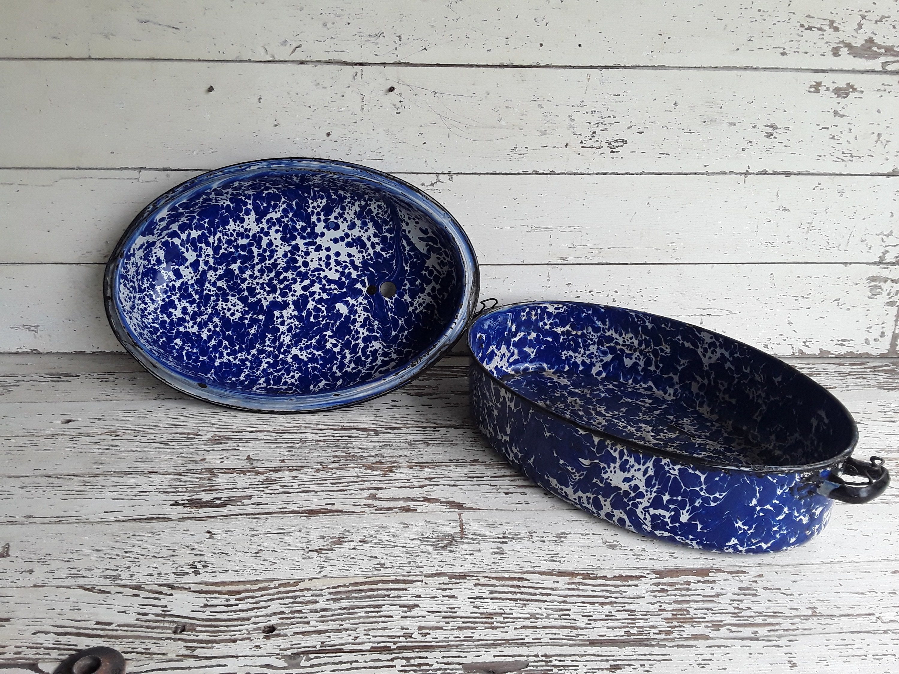 Vintage Blue Splatter Enamelware Roaster with Safety Latches | Etsy