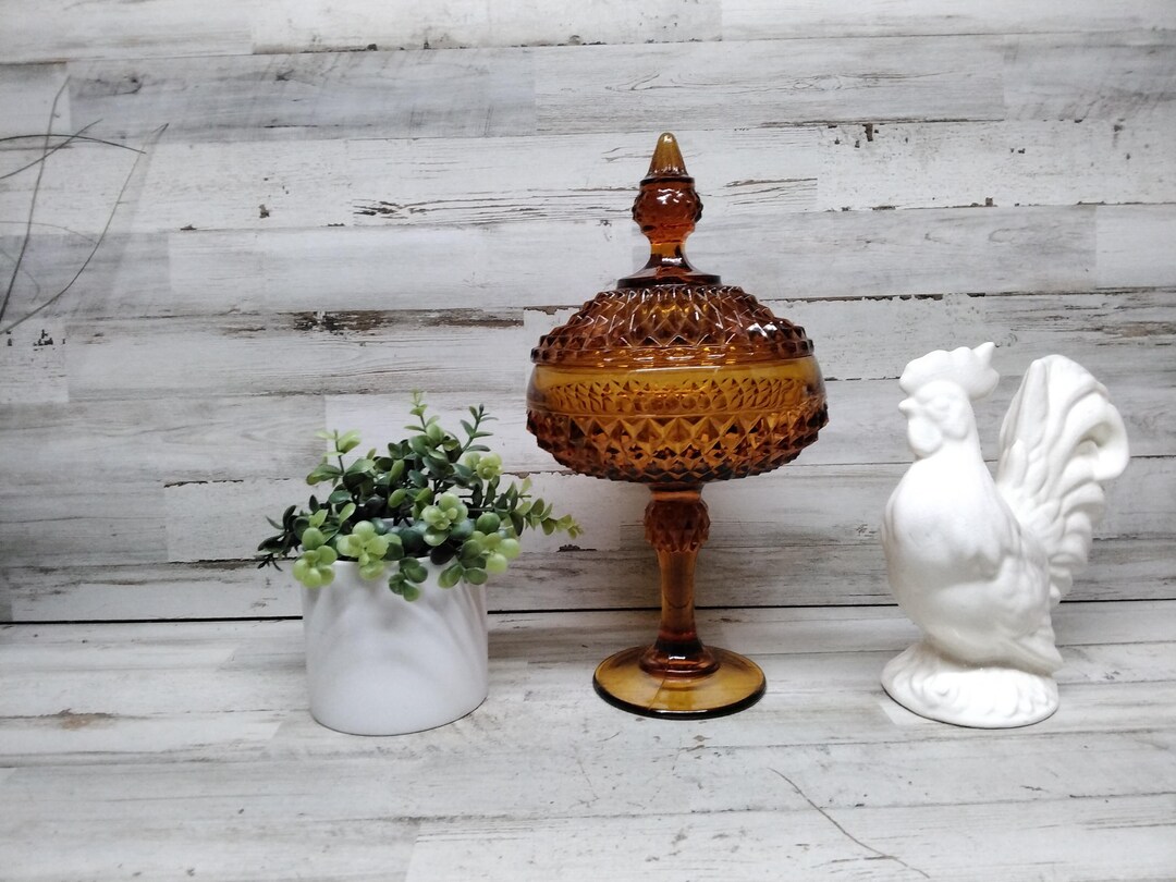 Vintage Indiana Glass Diamond Point Compote Dish. / Amber Glass / Large ...