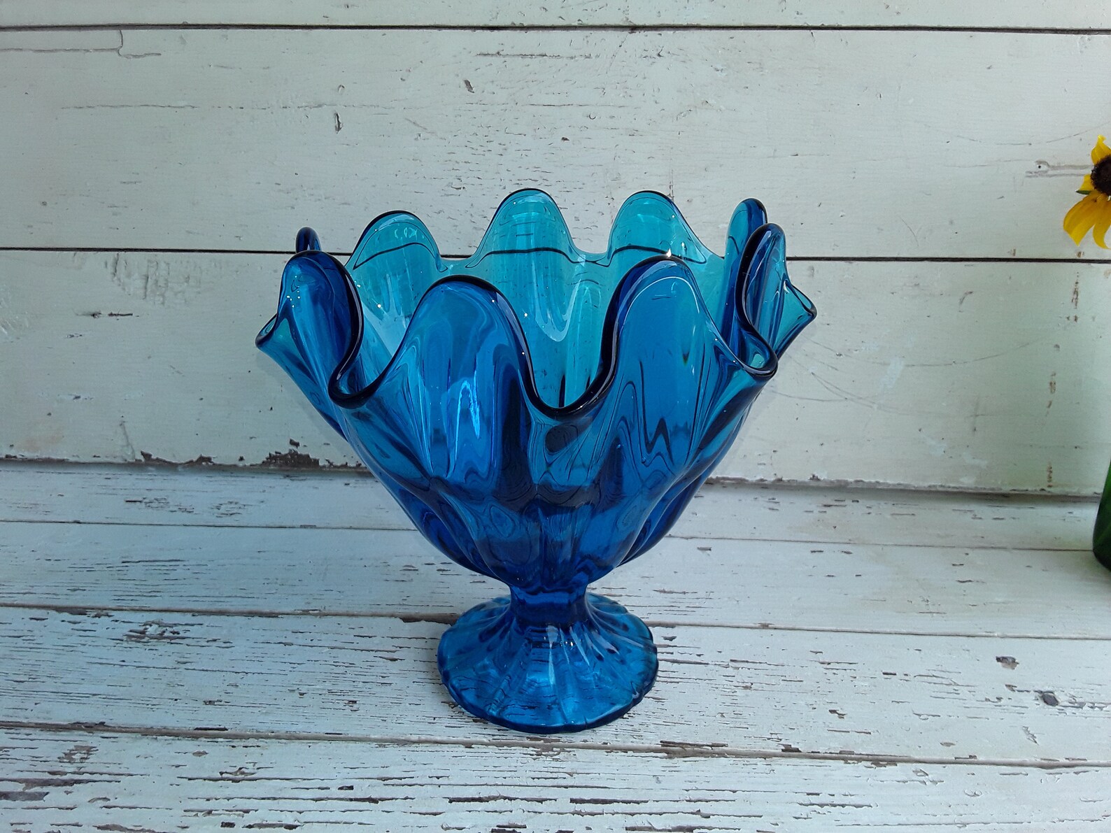 Vtg Blue Glass Compote LE Smith Footed Pedestal Bowl Ruffle - Etsy