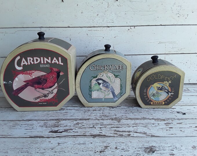 Vintage Canisters Sugar Flour Metal Coffee Tin Goldfinch Chickadee ...