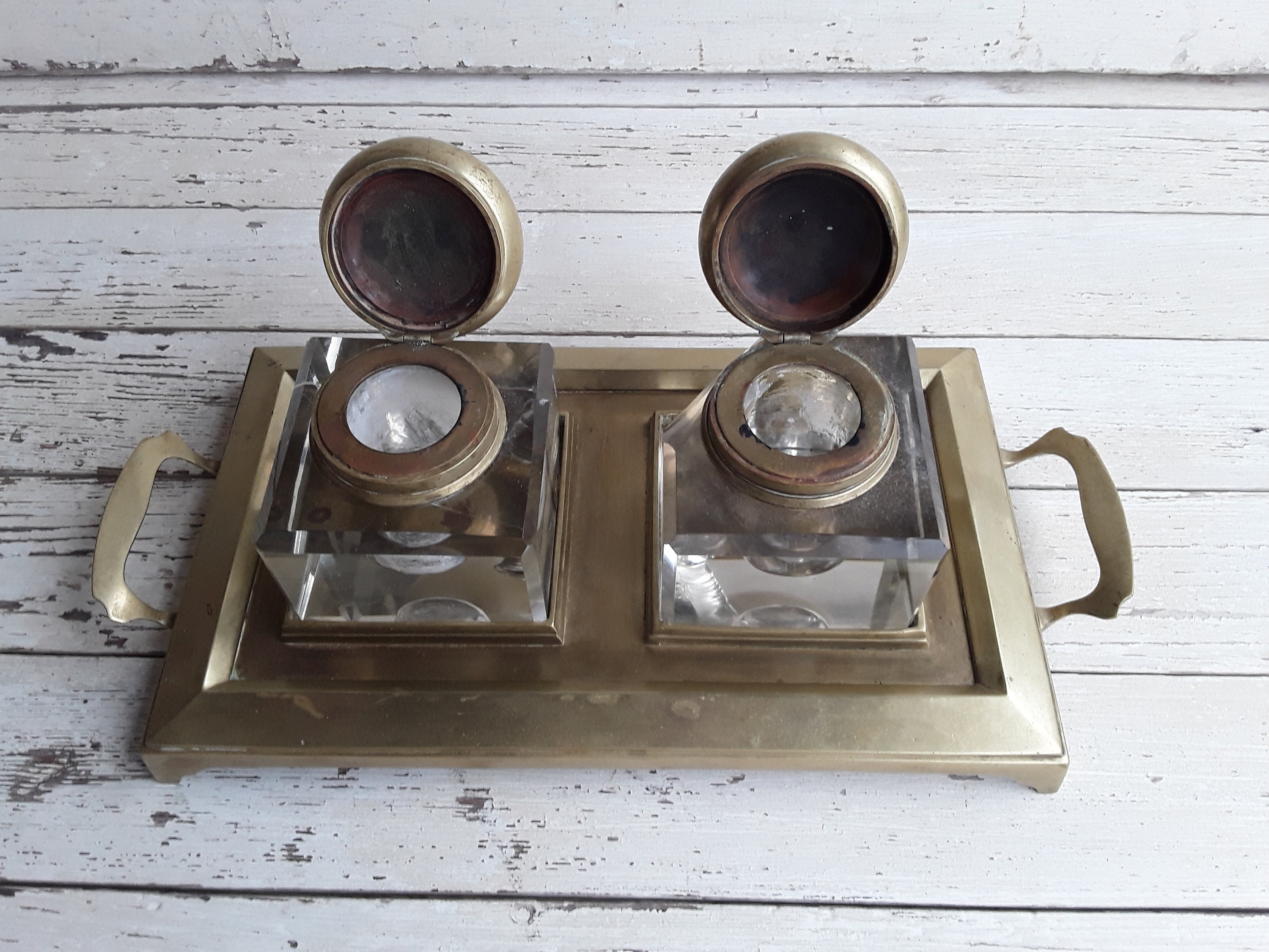 Antique Polished Brass Double Ink Well Holder/ Vintage 1930's Crystal ...