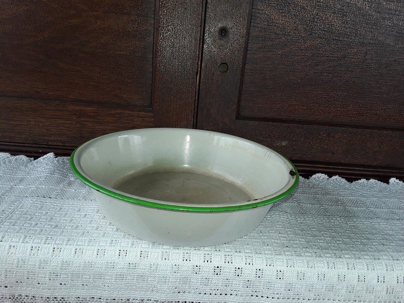 Vintage Enamelware Tan/beige and Green Metal Small Dish Pan - Etsy