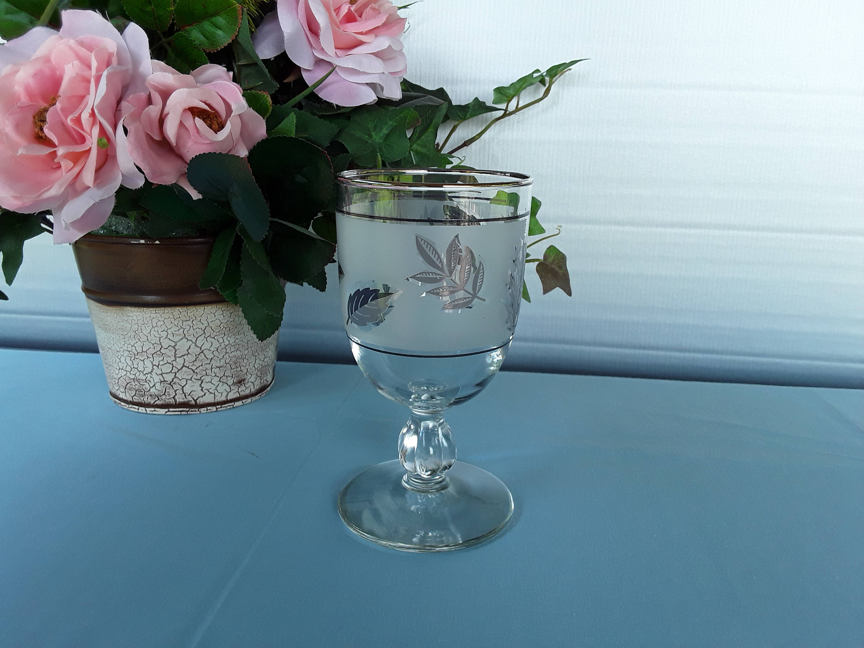 Libbey Silver Foliage Footed Water Goblet, White Frosted Mid Century ...