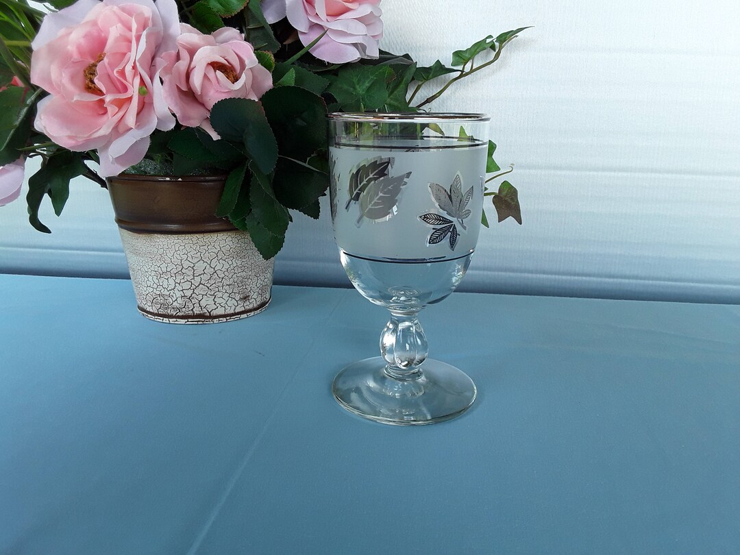 Libbey Silver Foliage Footed Water Goblet, White Frosted Mid Century ...