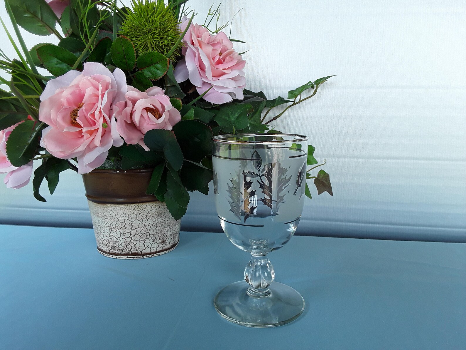 Libbey Silver Foliage Footed Water Goblet, White Frosted Mid Century ...