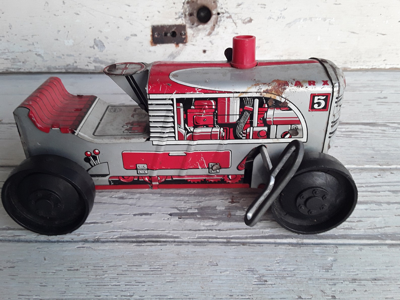Vintage Marx Tin Wind up Tractor #5 Red Silver Lithograph Toy Tractor ...