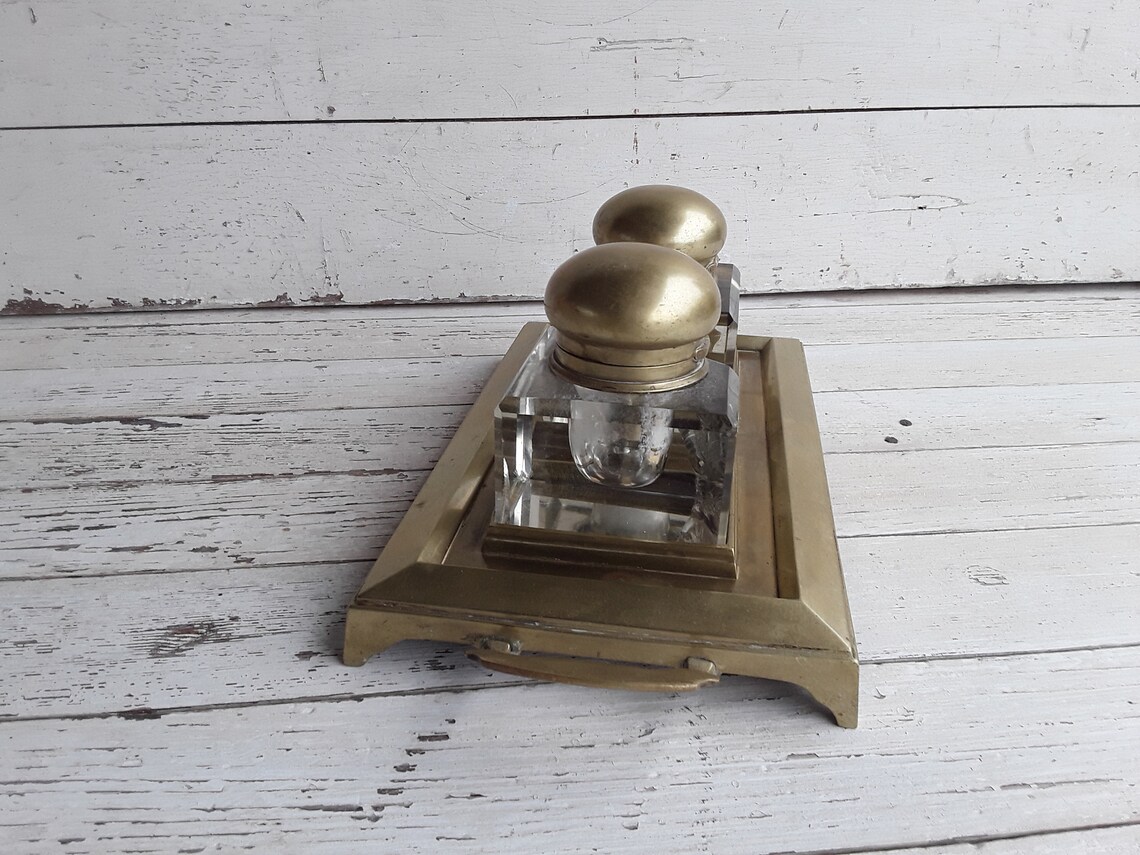 Antique Polished Brass Double Ink Well Holder/ Vintage | Etsy