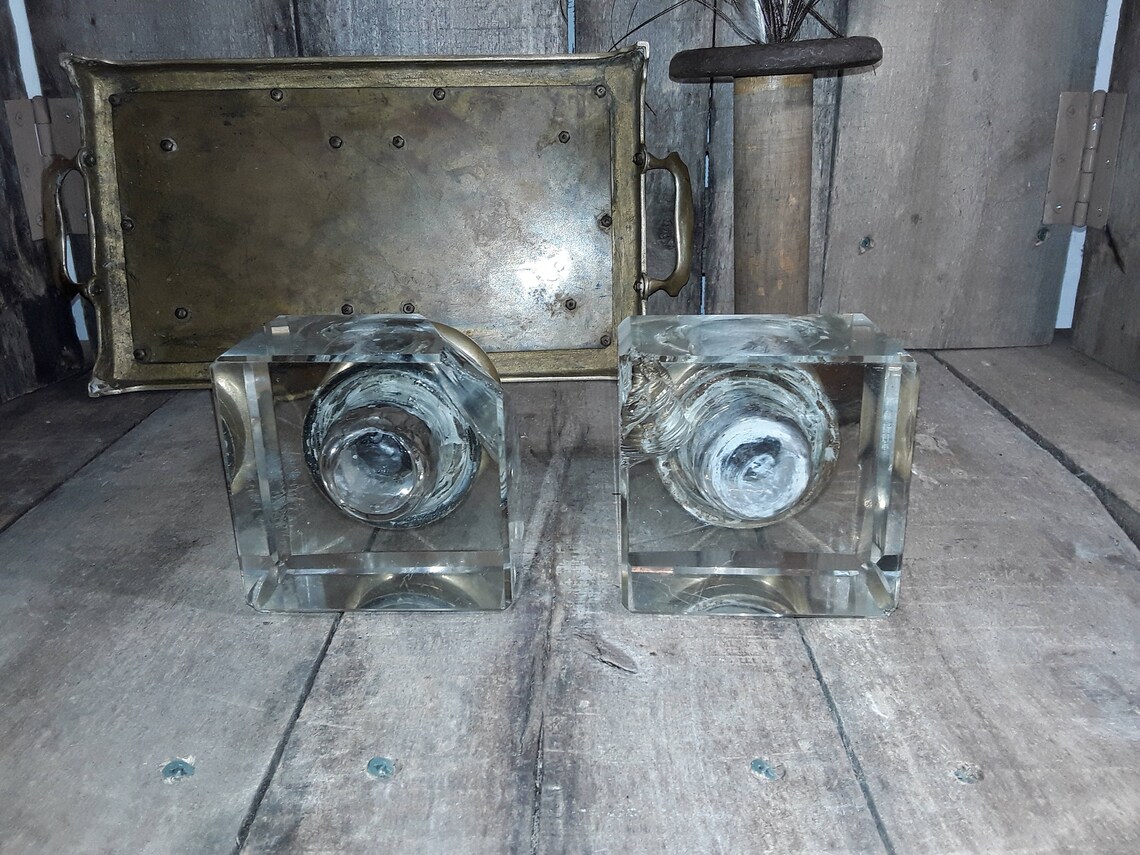 Antique Polished Brass Double Ink Well Holder/ Vintage 1930's Crystal ...
