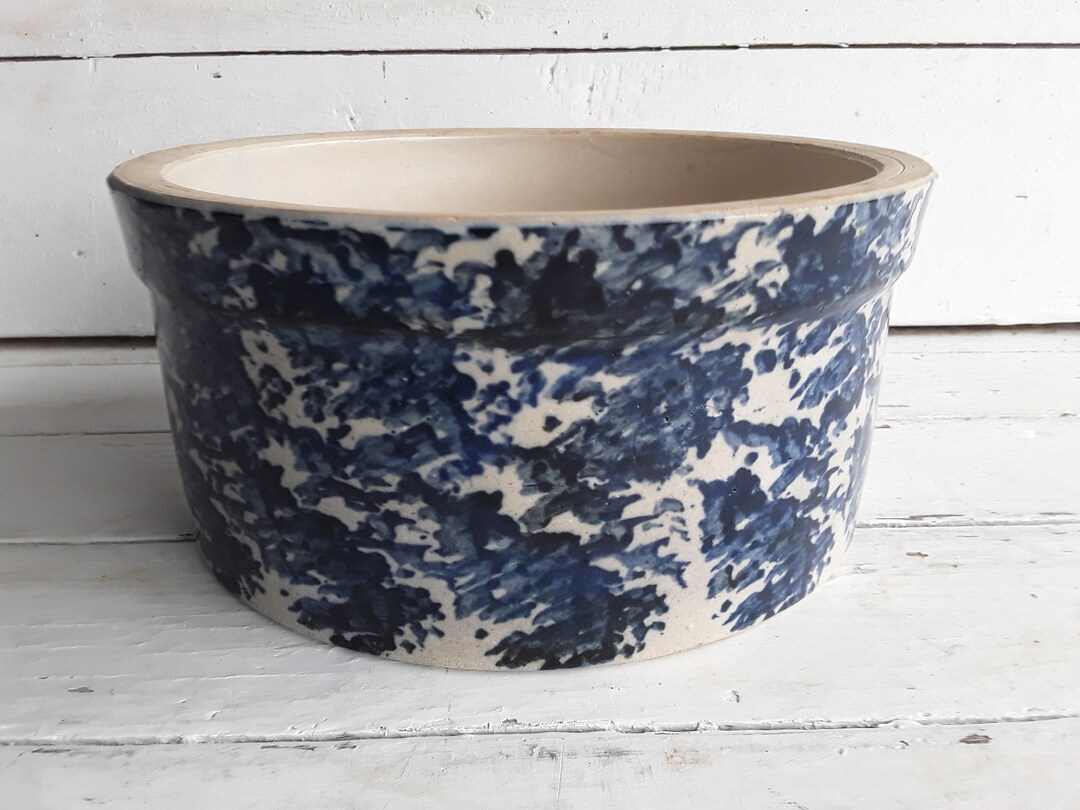 Sponge Ware Butter Crock Blue Spatter Ware Mixing / Serving Stoneware ...
