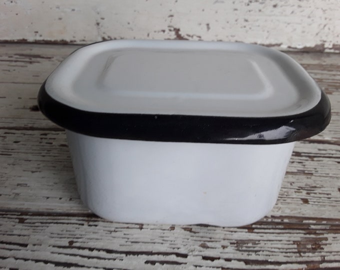 Vintage Enamelware Container With Lid White Black Rim Old Enamelware - Etsy