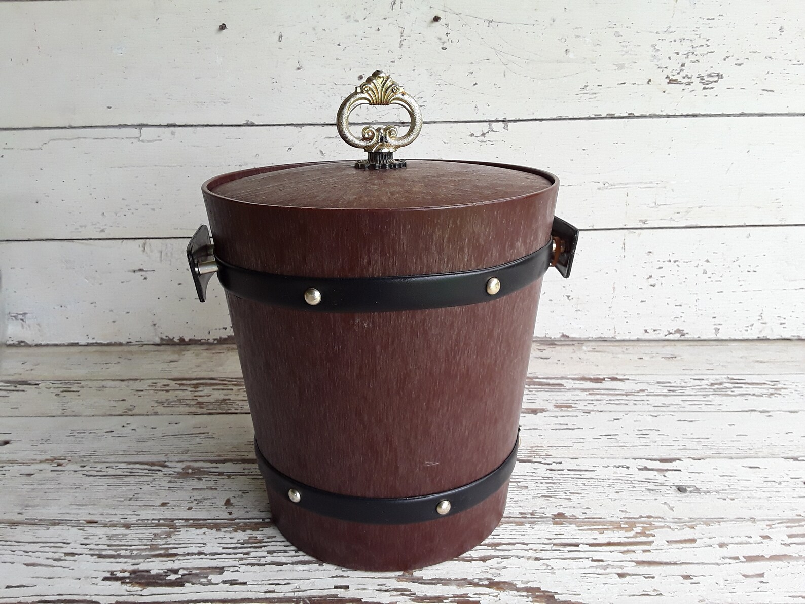 Brown Vintage Ice Bucket With Gold Tone Hardware 70s Barware Retro Ice ...