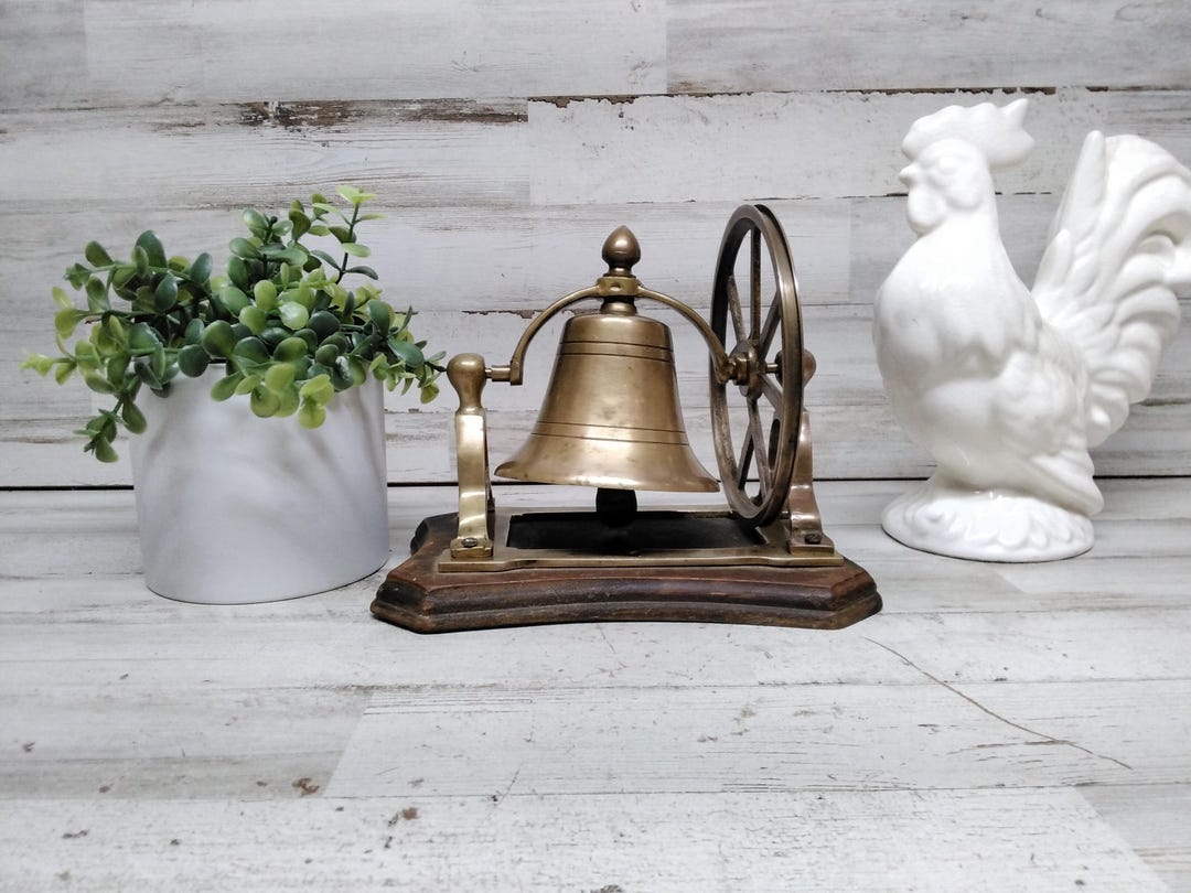 Vintage Brass Ship's Bell With Wood Base & Pulley Wheel Collectible ...