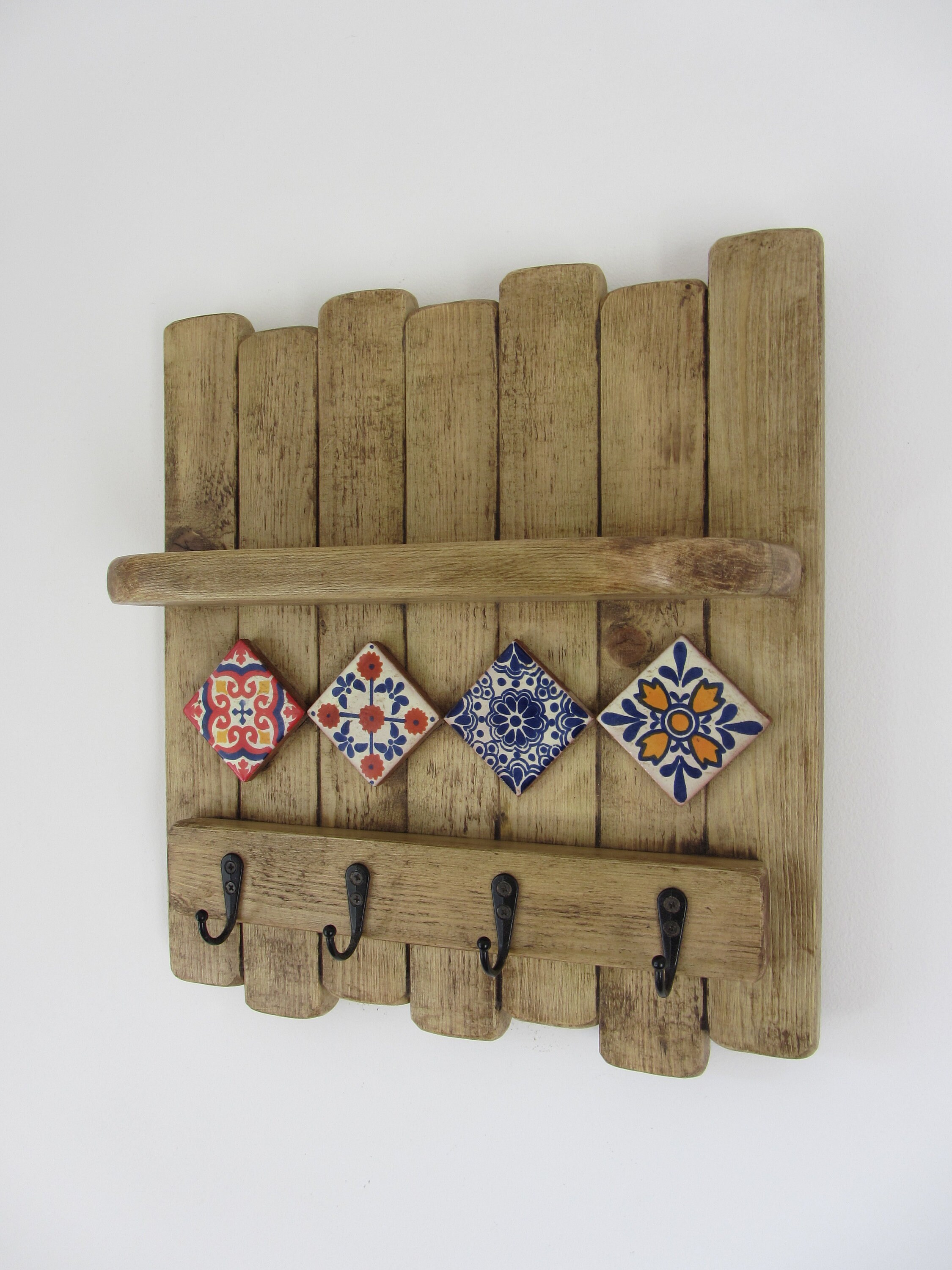 Rustic Reclaimed Wood 4 Hook Key Holder With Shelf Mexican - Etsy UK