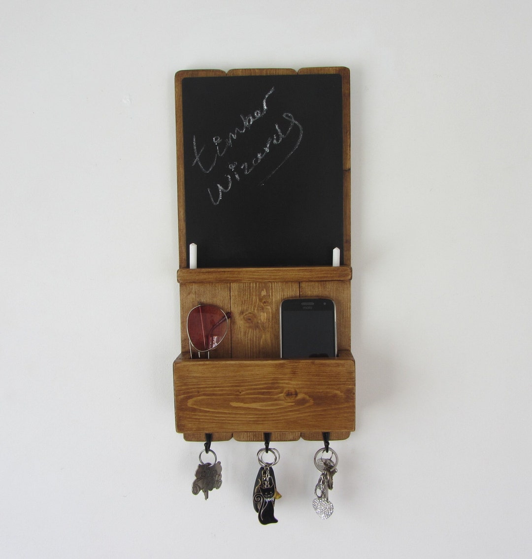 Rustic Wood Kitchen Organizer 3 Hook Key Holder With Large A3 Size ...