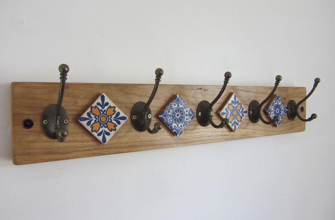 Mexican Style Solid Oak 5 Hook Coat Hooks / Robe Hooks Iron Hooks ...