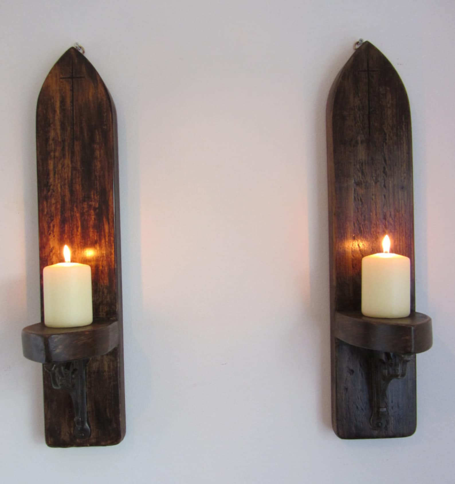 Pair of Gothic / Church Style Reclaimed Plank Wood Wall Sconce's Candle ...