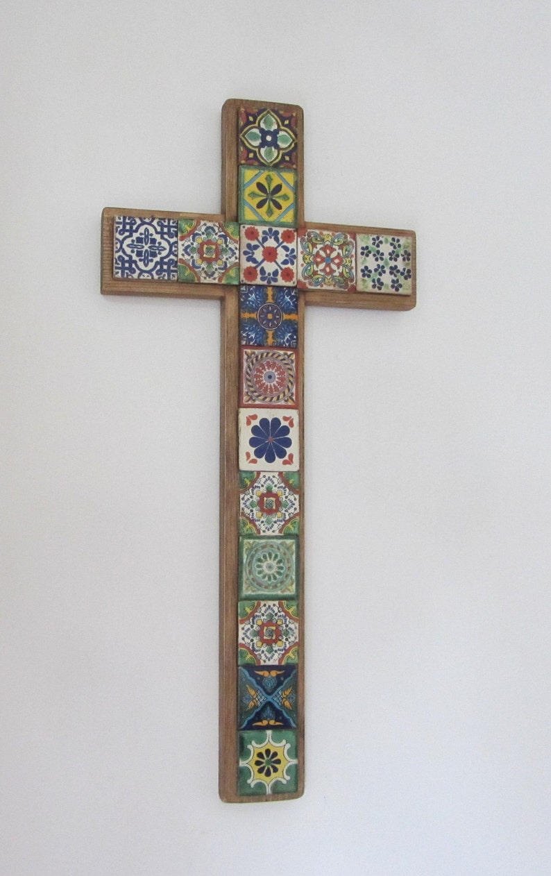 Large Mexican Talavera Cross Wall Hanging Hand Painted Terracotta Tiles ...