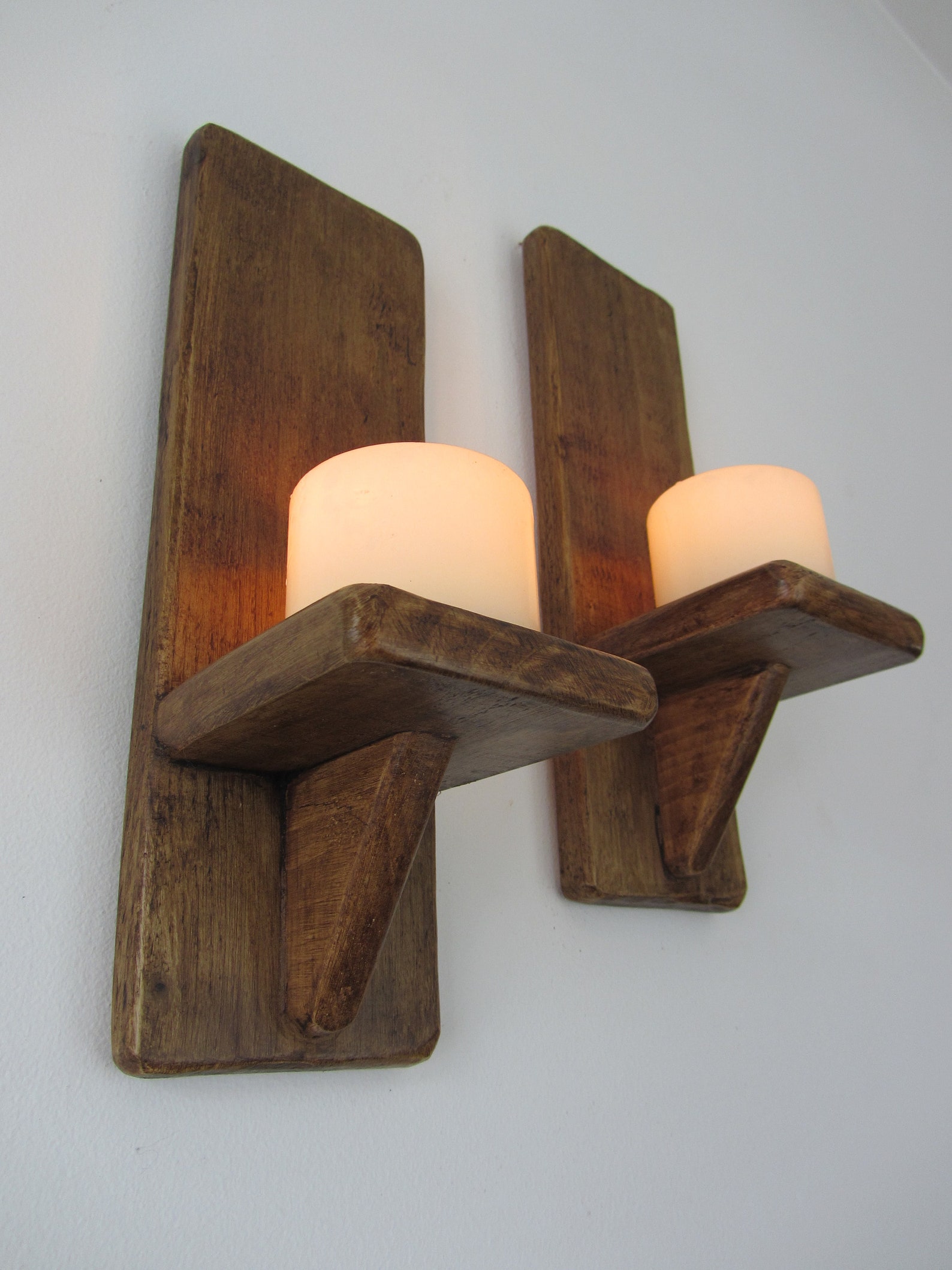 Pair of Rustic Wood Wall Sconces Led Candle Holders 7 Colour Options - Etsy