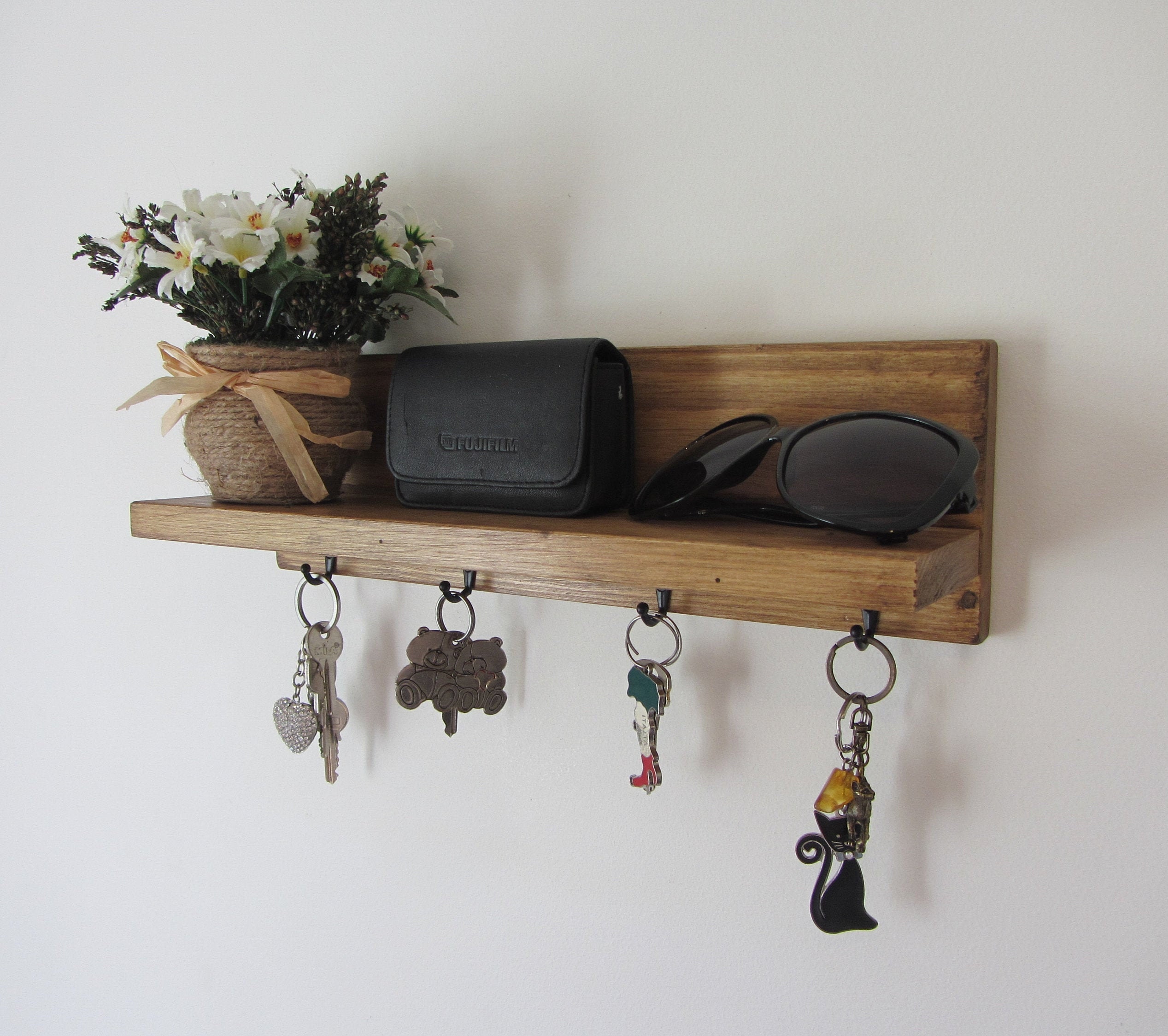 Rustic Waxed Wood Key Holder With Shelf / Entryway Shelf / Key - Etsy