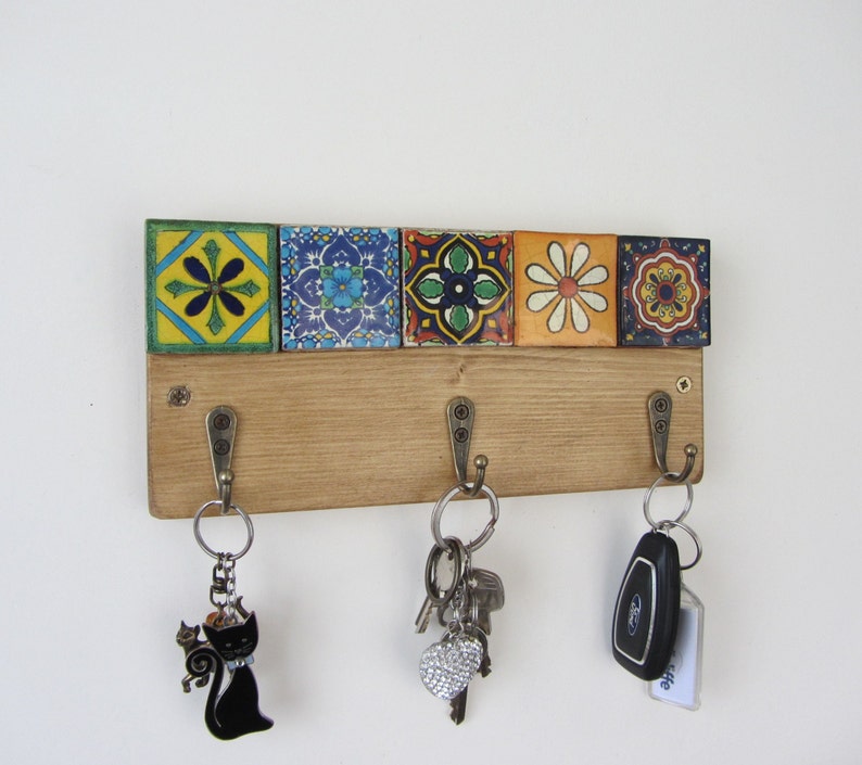 Rustic Pine Tiled Key Holder With Colourful Mexican Tile Decoration Key ...