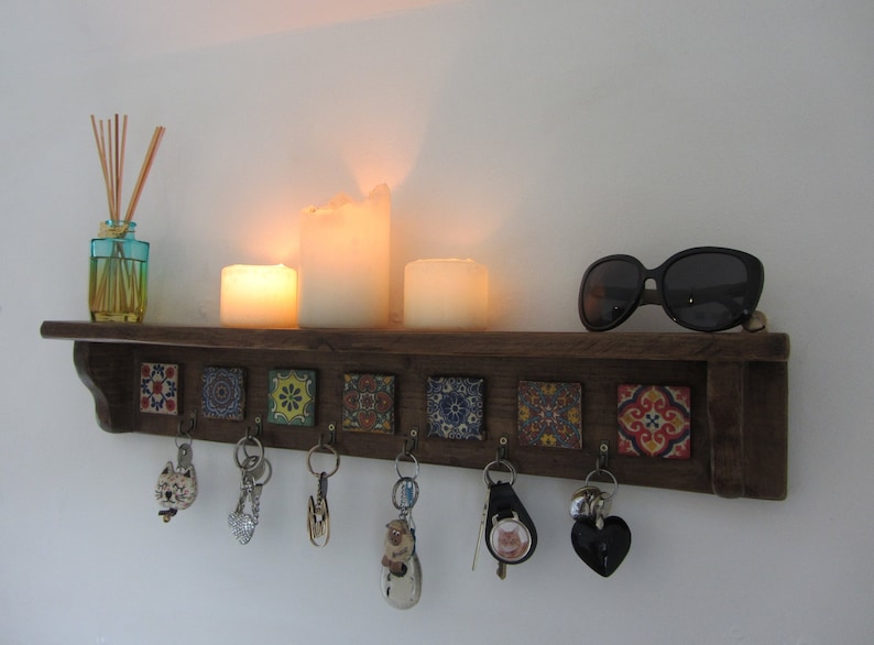 Rustic Wood Mexican Style Shelf With Key Hooks Hand Painted Mexican ...