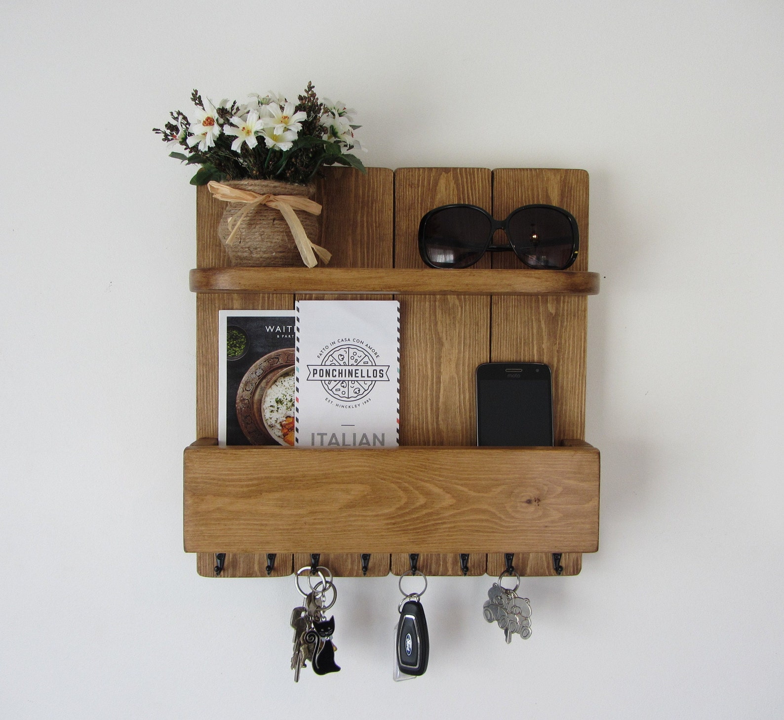 Rustic Pine Wood Organizer 8 Hook Key Holder With Shelf and - Etsy
