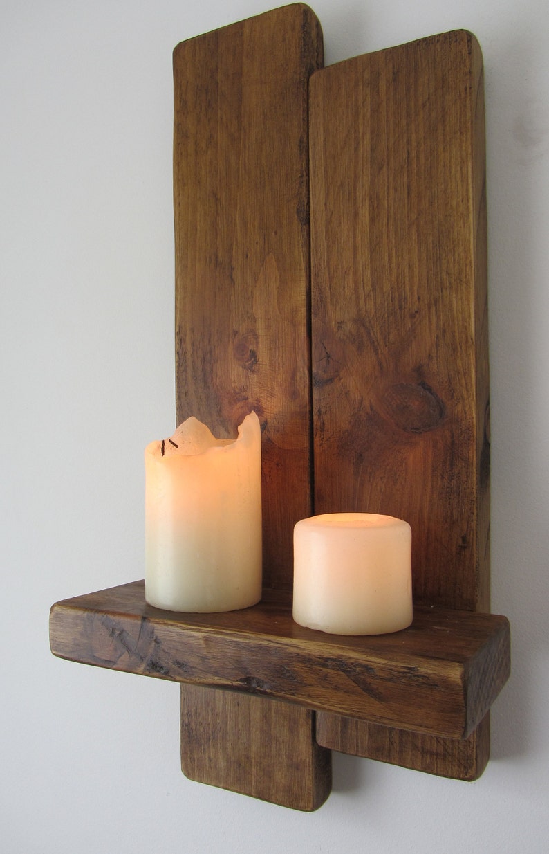 Chunky Rustic Reclaimed Plank Wood Wall Sconce / Shelf / LED Candle ...