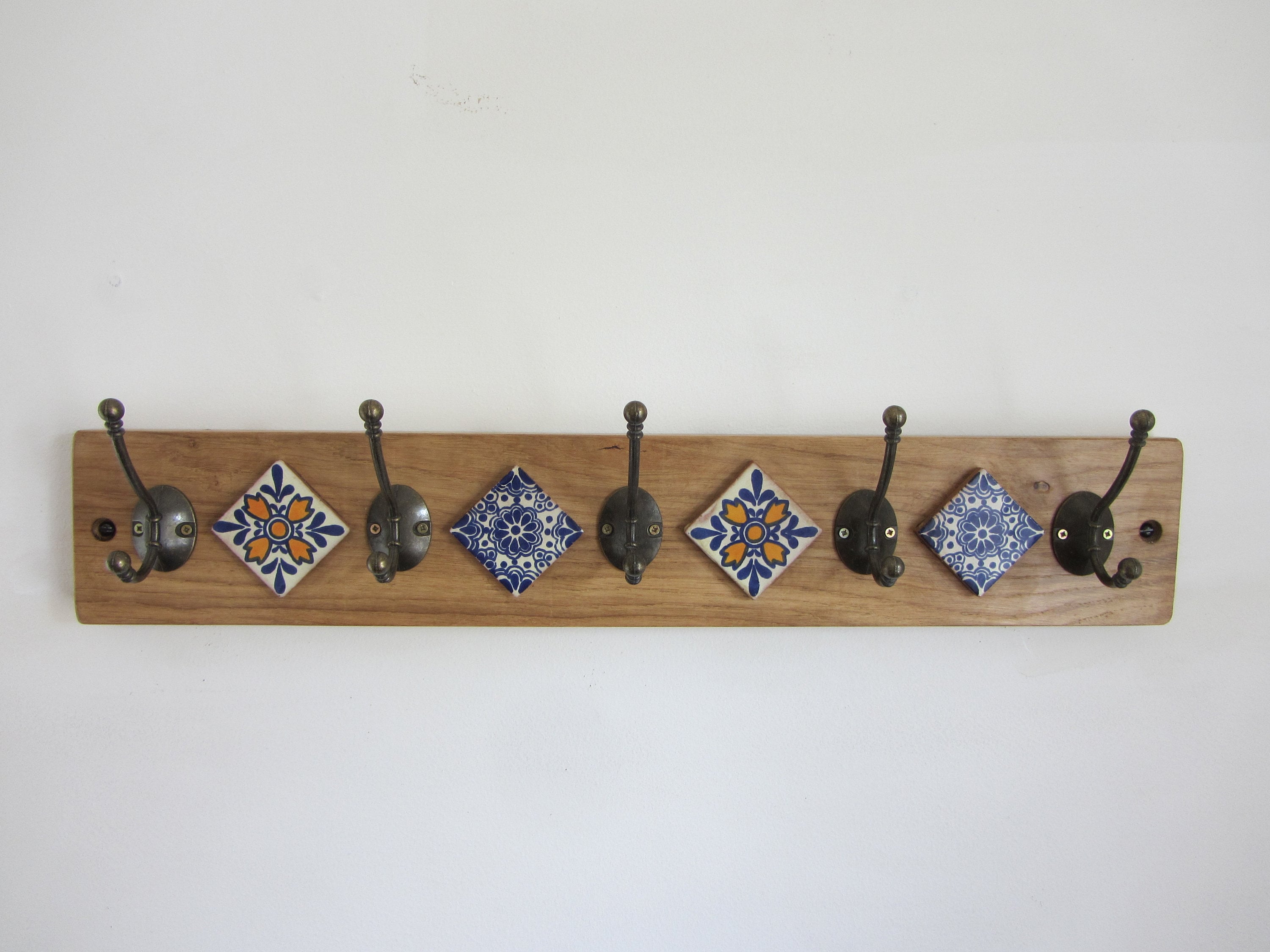 Mexican Style Solid Oak 5 Hook Coat Hooks / Robe Hooks Iron Hooks ...