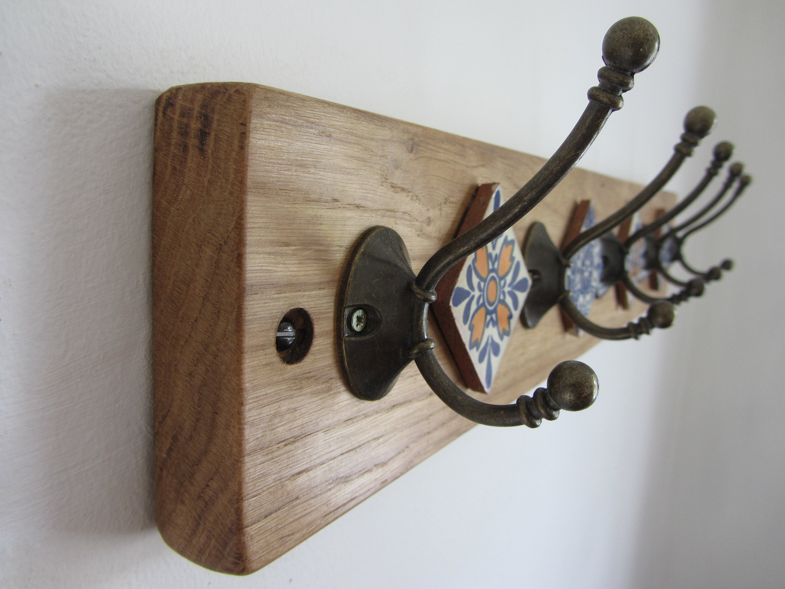 Mexican Style Solid Oak 5 Hook Coat Hooks / Robe Hooks Iron Hooks ...