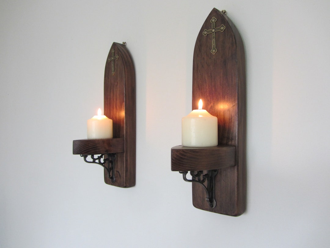 Pair of Gothic / Church Style Plank Wood Wall Sconce's Candle Holders ...