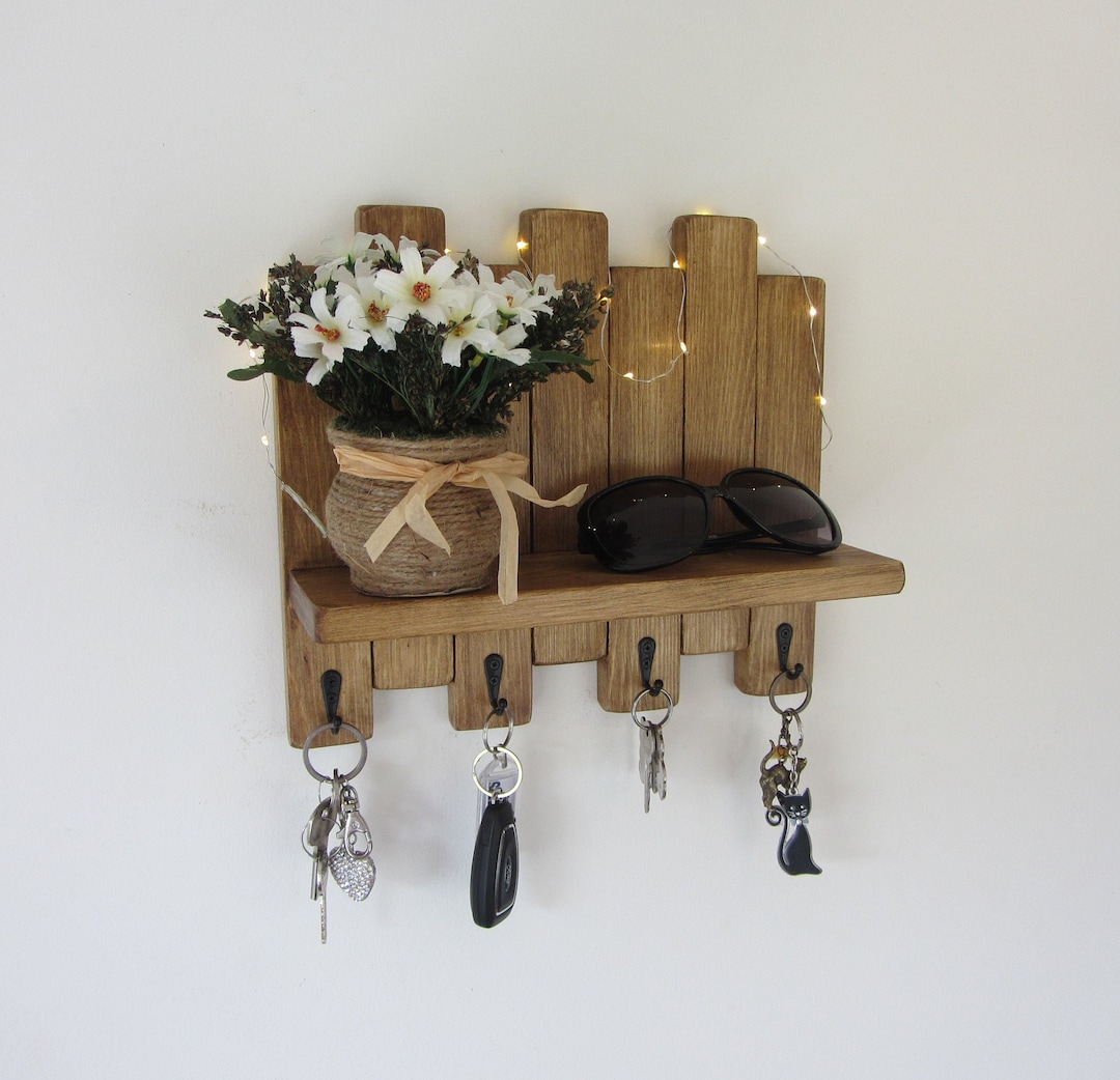 Rustic Waxed Wood Key Holder With Shelf / Entryway Shelf / Key Rack ...