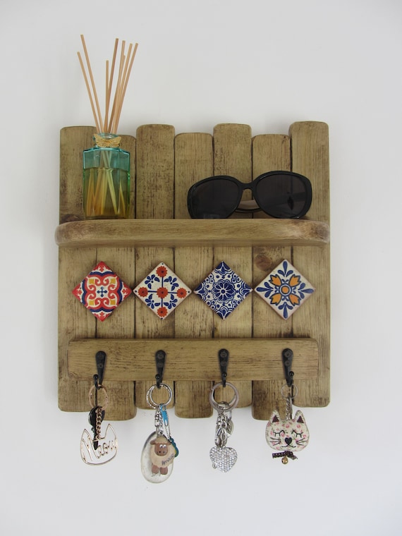 Rustic Wood 4 Hook Key Holder With Shelf Mexican Furniture - Etsy UK
