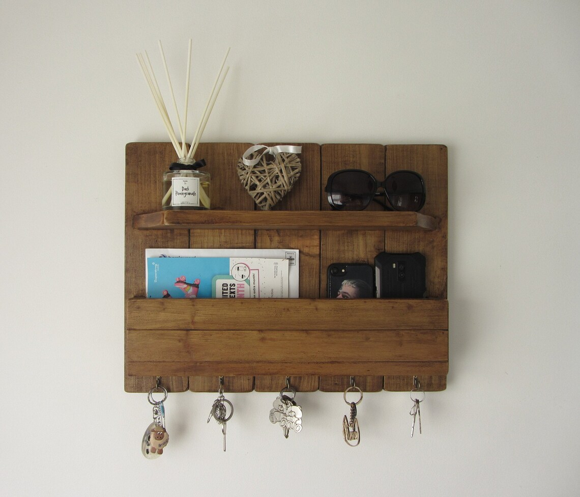 Rustic Reclaimed Wood Organizer 5 Hook Key Holder With Shelf - Etsy UK