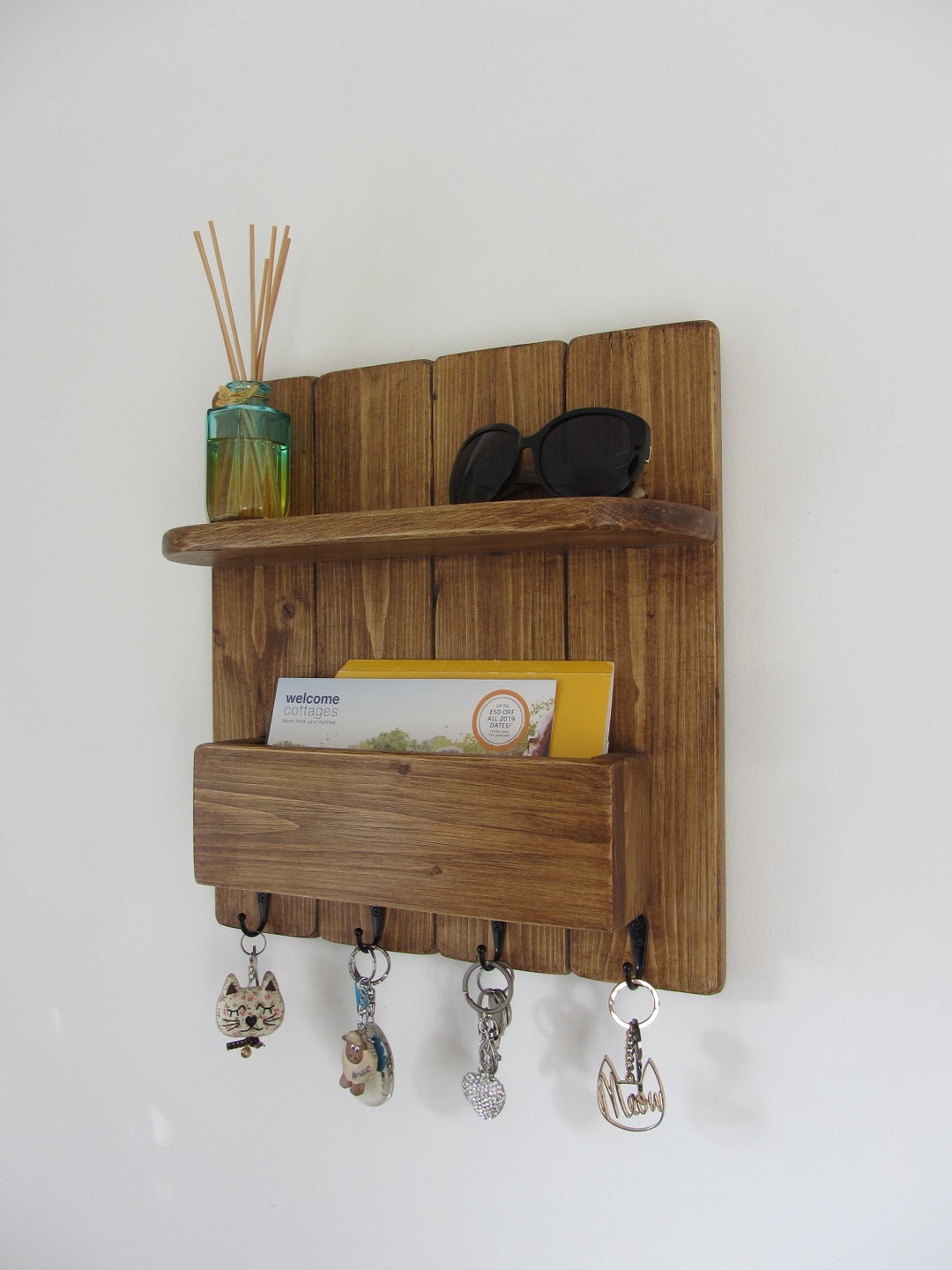 Rustic Reclaimed Wood Kitchen Organizer 4 Hook Key Holder With Shelf ...
