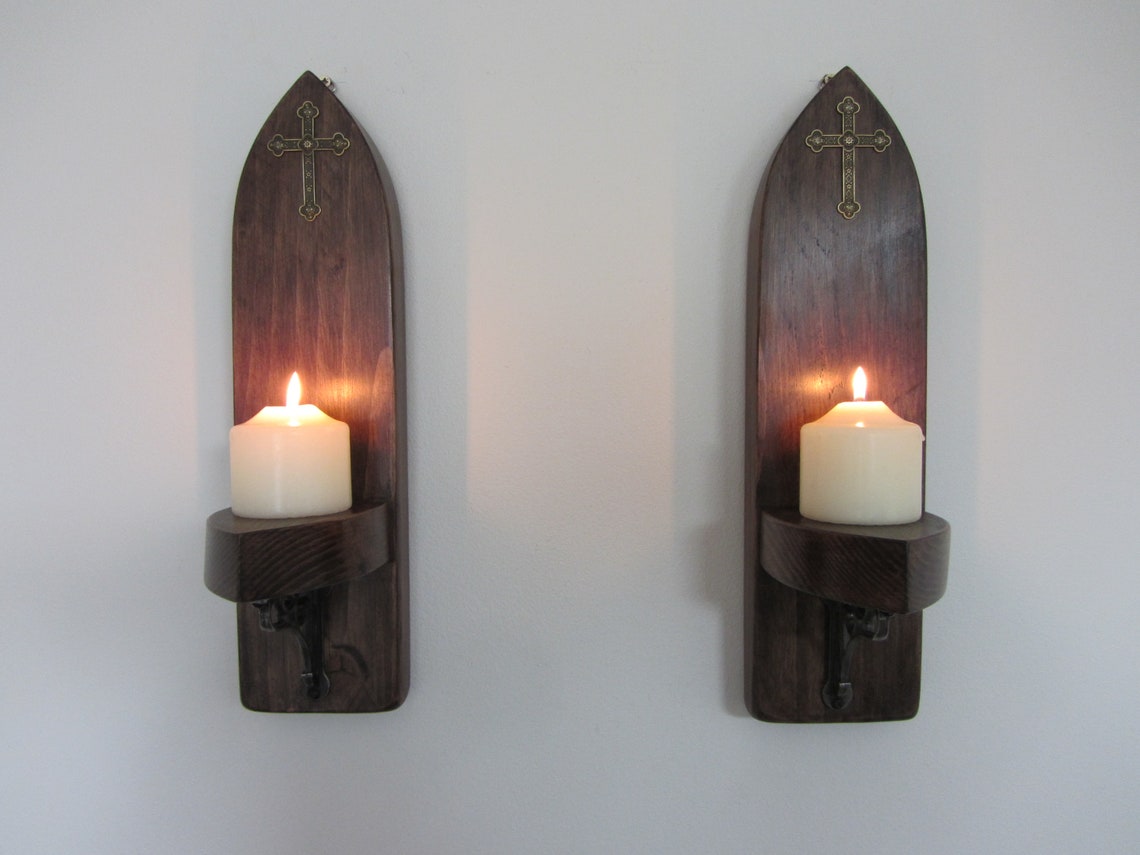 Pair of Gothic / Church Style Plank Wood Wall Sconce's Candle Holders ...