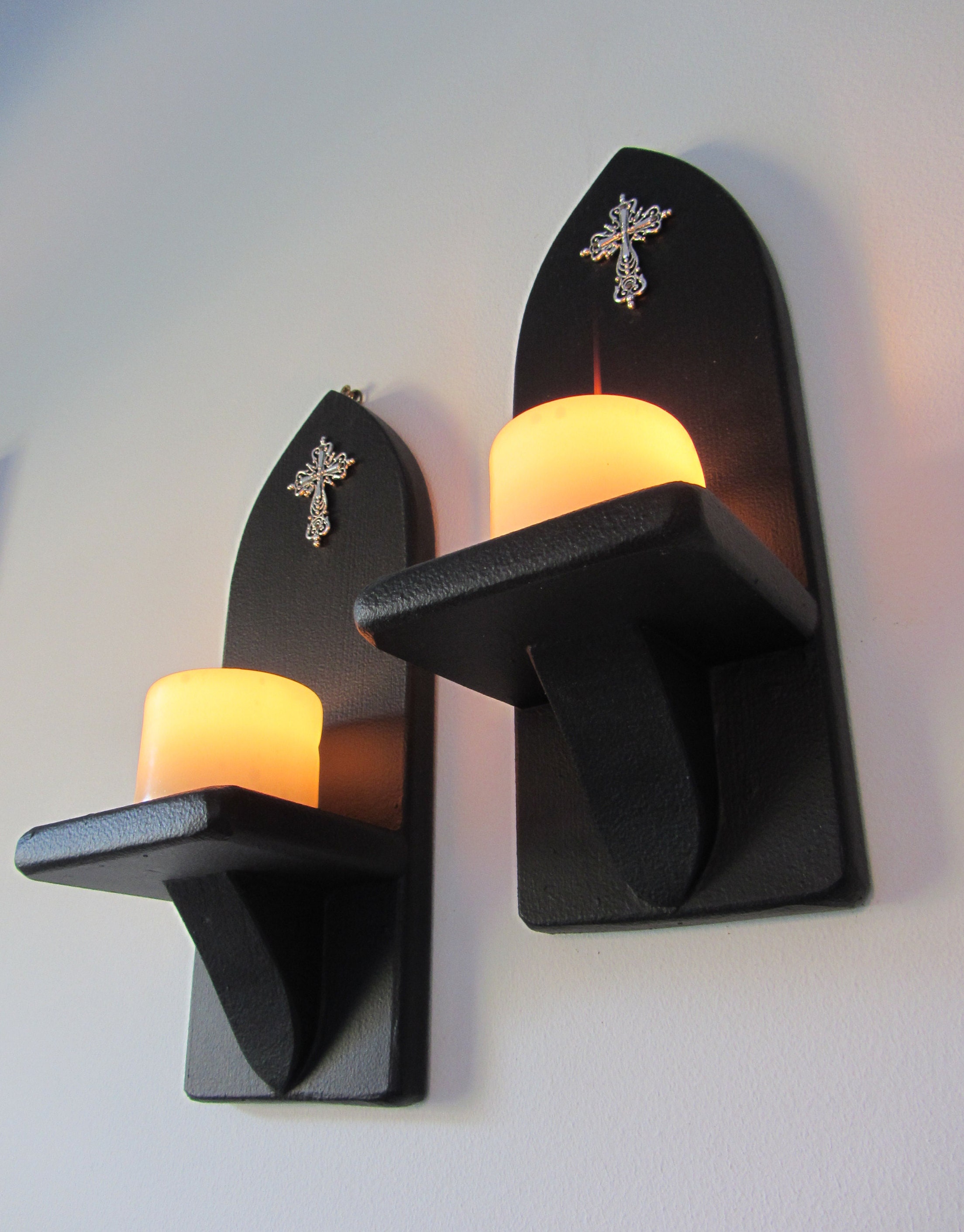 Pair of Church Gothic Matte Black Wall Sconce Led Candle Holders With ...