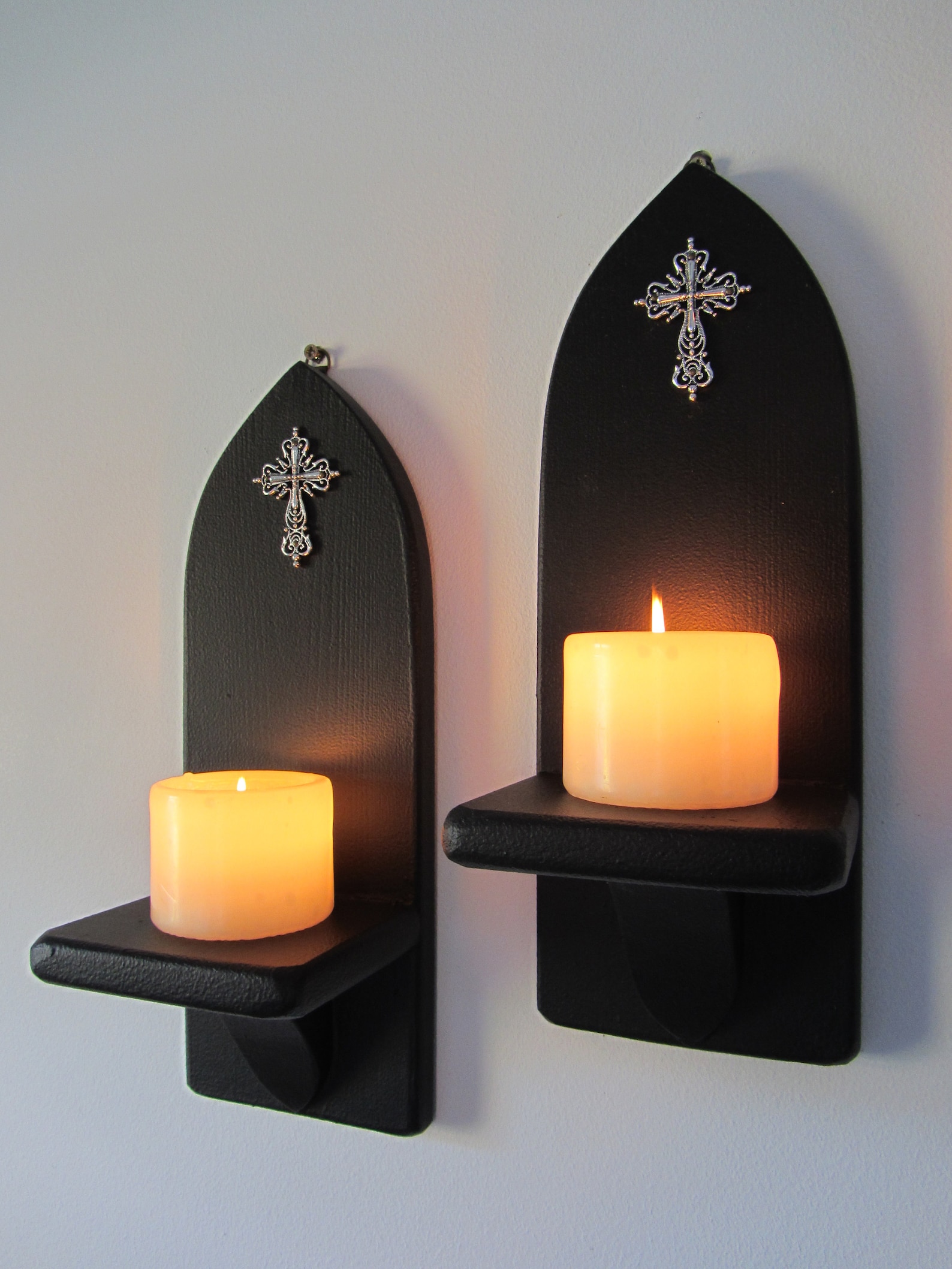 Pair of Church Gothic Matte Black Wall Sconce Led Candle Holders With ...