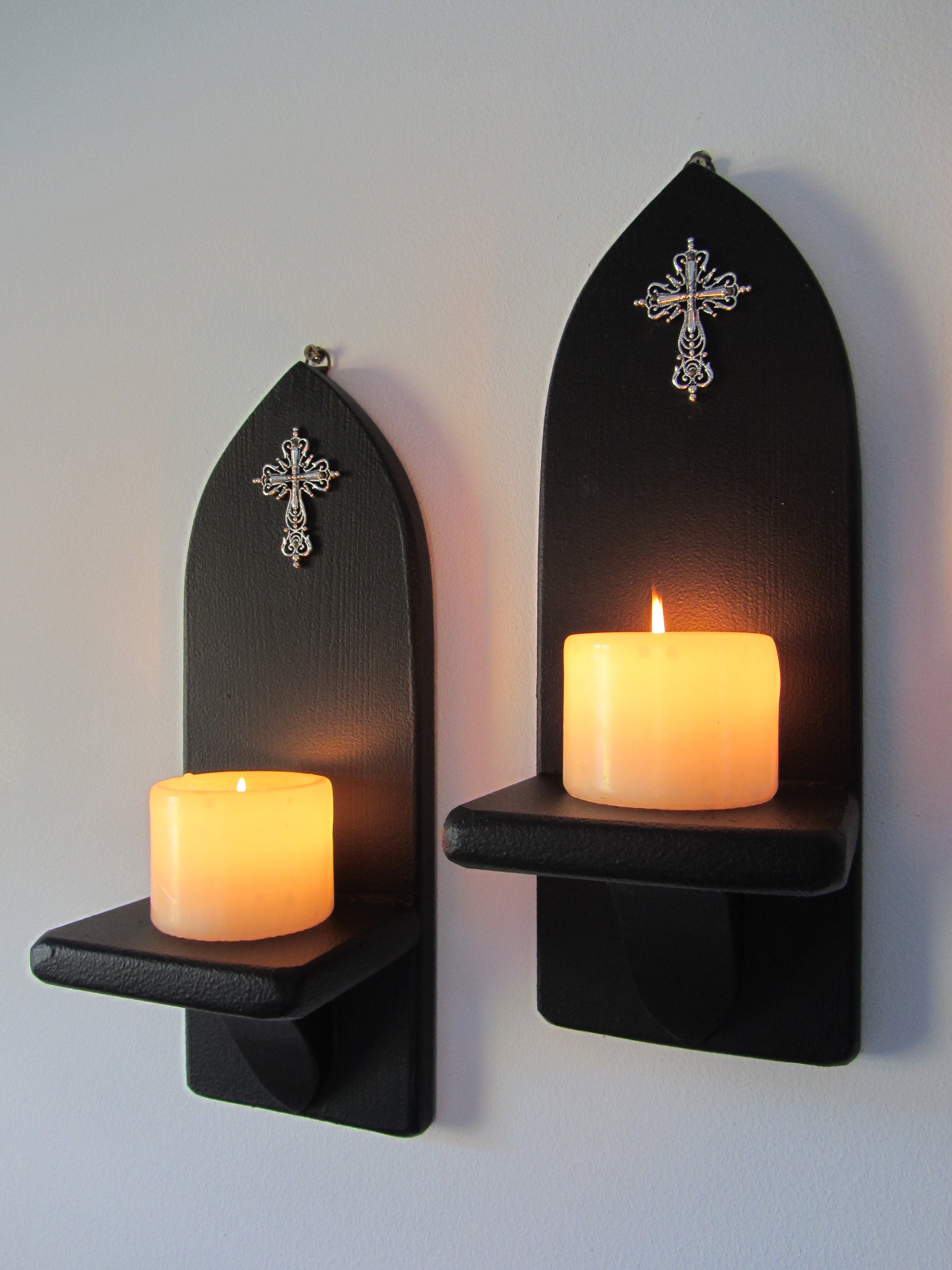 Pair of Church Gothic Matte Black Wall Sconce Led Candle Holders With ...