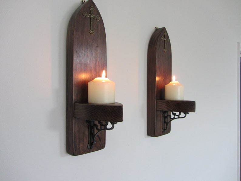 Pair of Gothic / Church Style Plank Wood Wall Sconce's Candle Holders ...