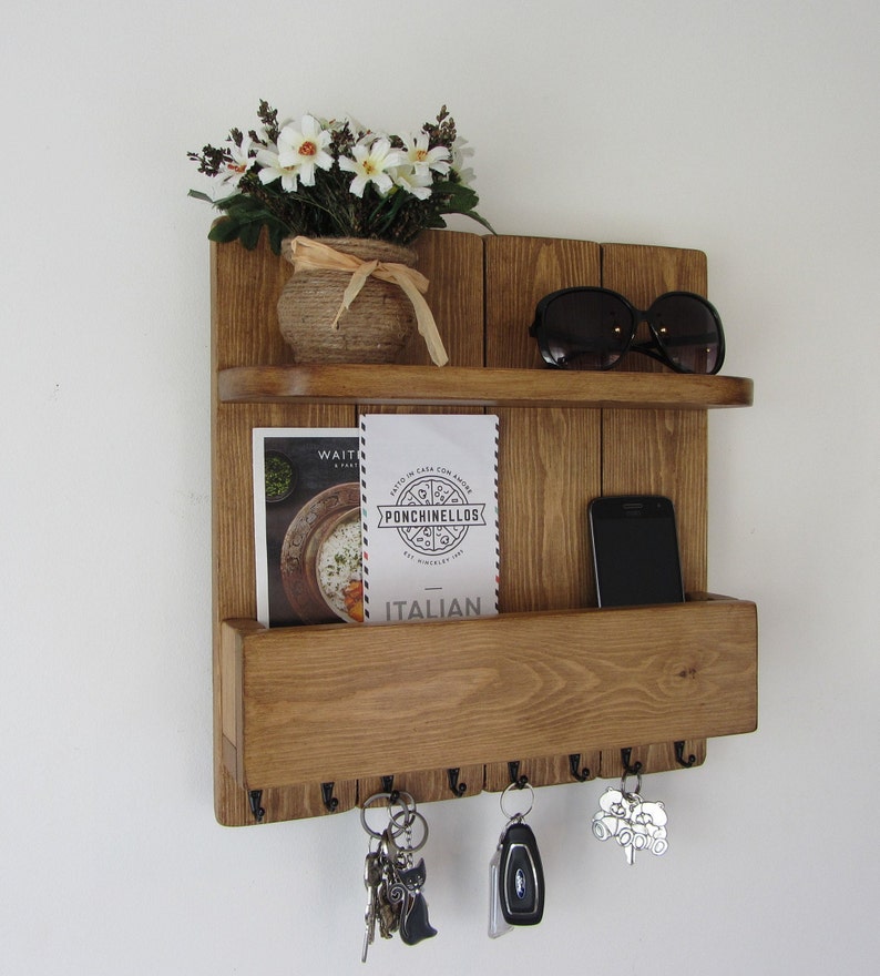 Rustic Pine Wood Organizer 8 Hook Key Holder With Shelf and - Etsy