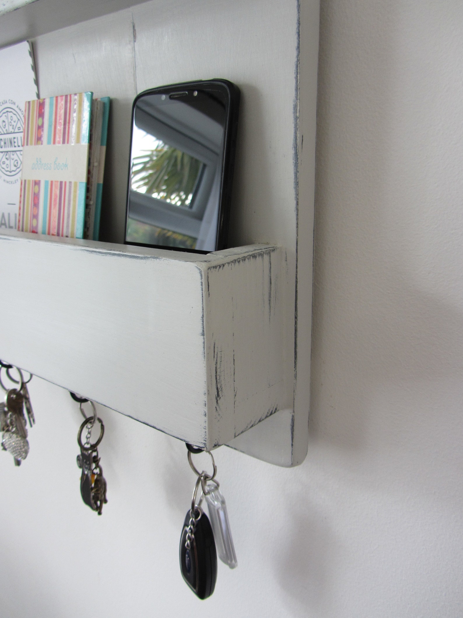 Rustic Wood Distressed French Grey Kitchen Organizer 3 Hook Key Holder ...