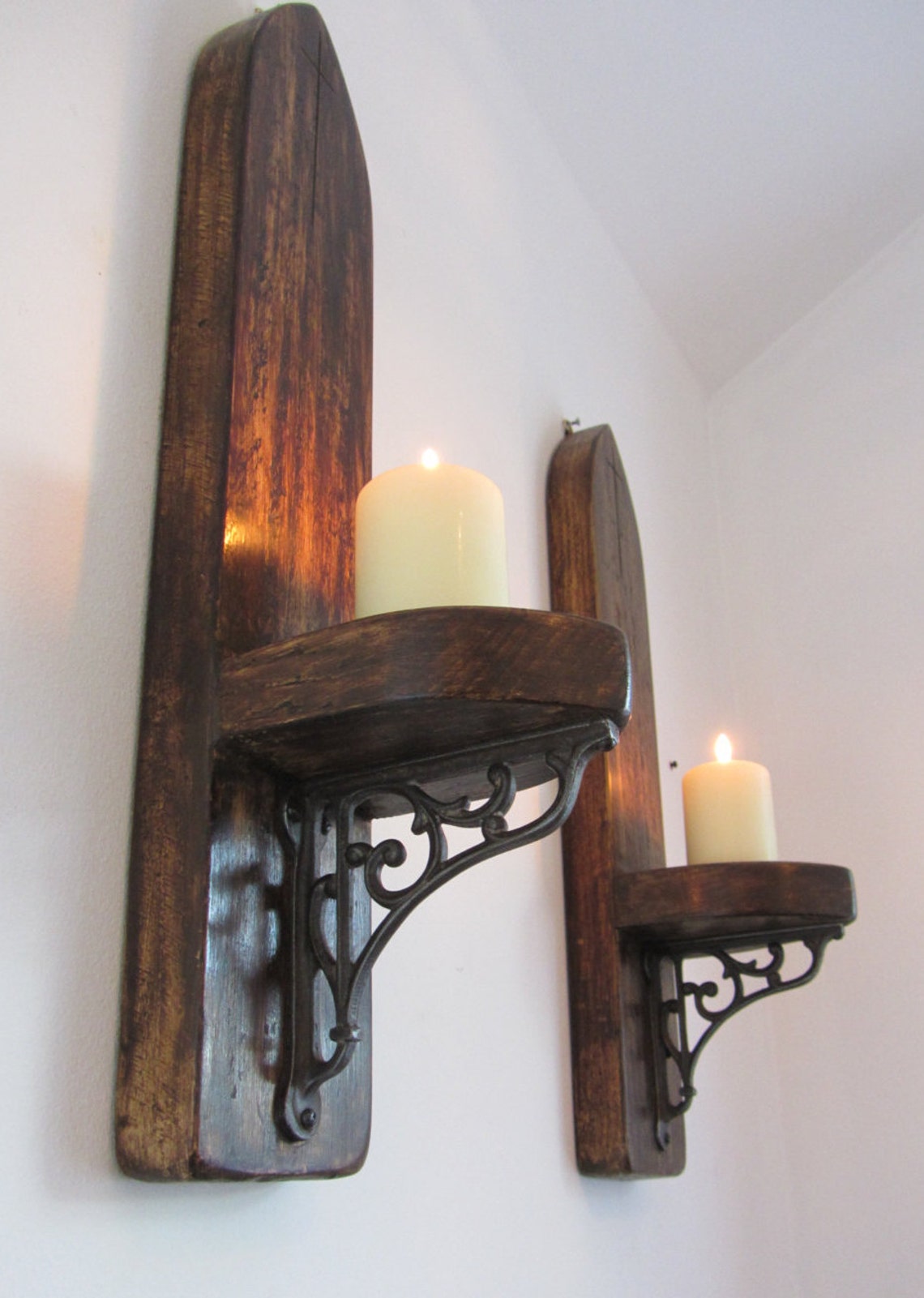 Pair of Gothic / Church Style Reclaimed Plank Wood Wall Sconce's Candle ...