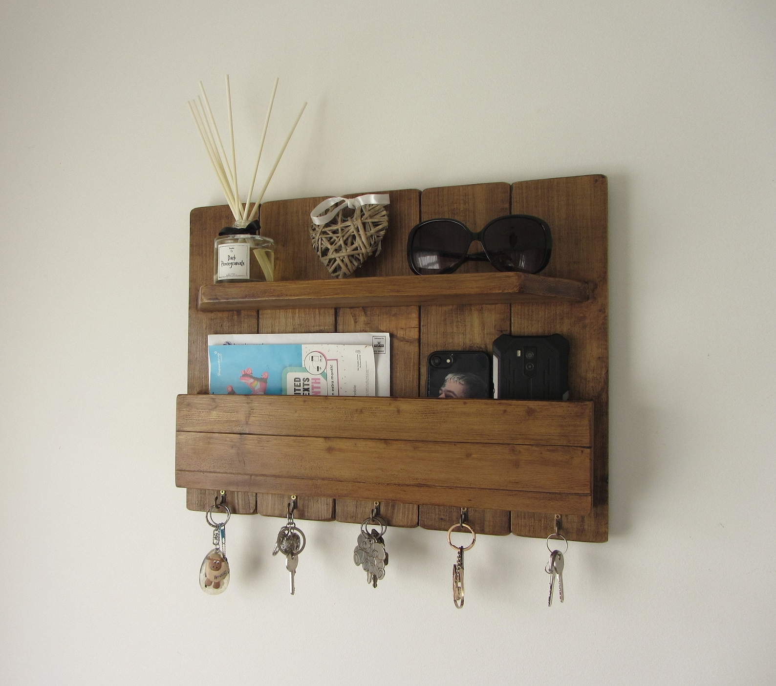 Rustic Reclaimed Wood Organizer 5 Hook Key Holder With Shelf - Etsy UK