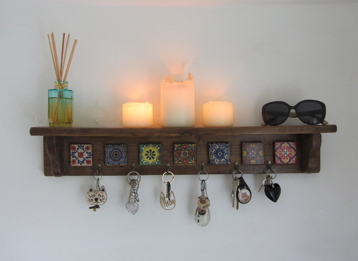 Rustic Wood Mexican Style Shelf With Key Hooks Hand Painted - Etsy