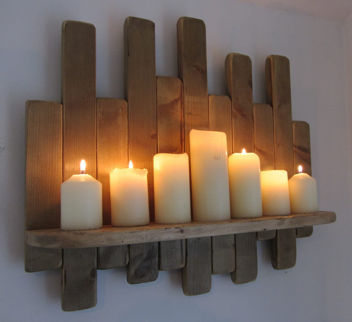 50 Cm Wide Rustic Wood Floating Shelf / LED Candle Holder Wall Sconce ...