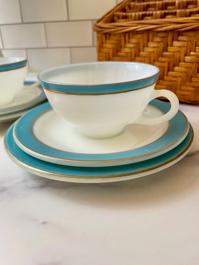 Vintage White and Turquoise Pyrex Teacup and Saucer and Dessert Plate ...