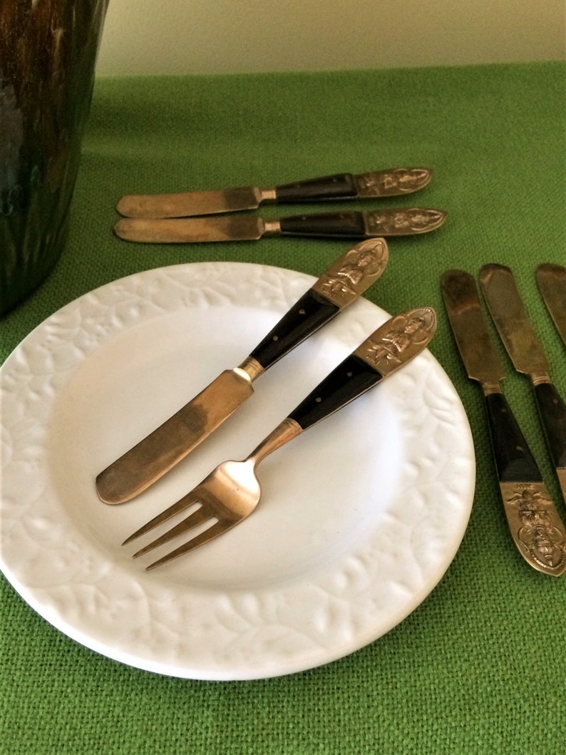 Brass and Wood Appetizer Knives Set of Siam Pate Knives Three Tine ...