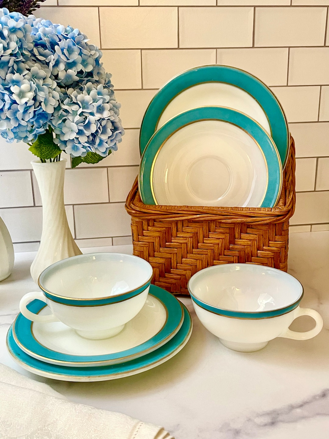 Vintage White and Turquoise Pyrex Teacup and Saucer and Dessert Plate ...