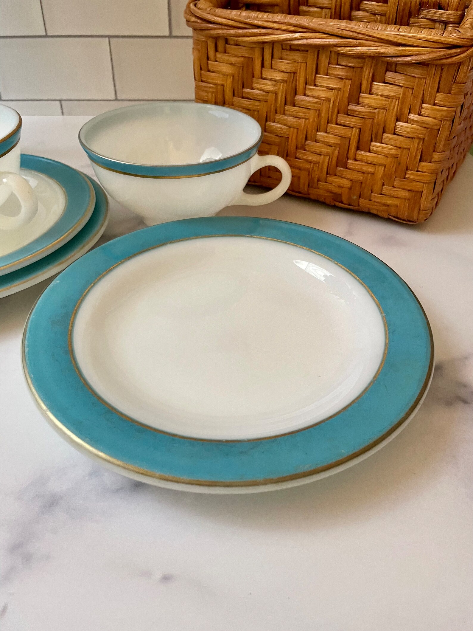 Vintage White and Turquoise Pyrex Teacup and Saucer and Dessert Plate ...