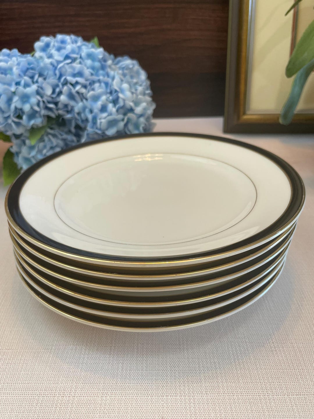 Vintage Mikasa Petite Bone Dessert Plates: Black Tie, Gold Rim, Set of ...